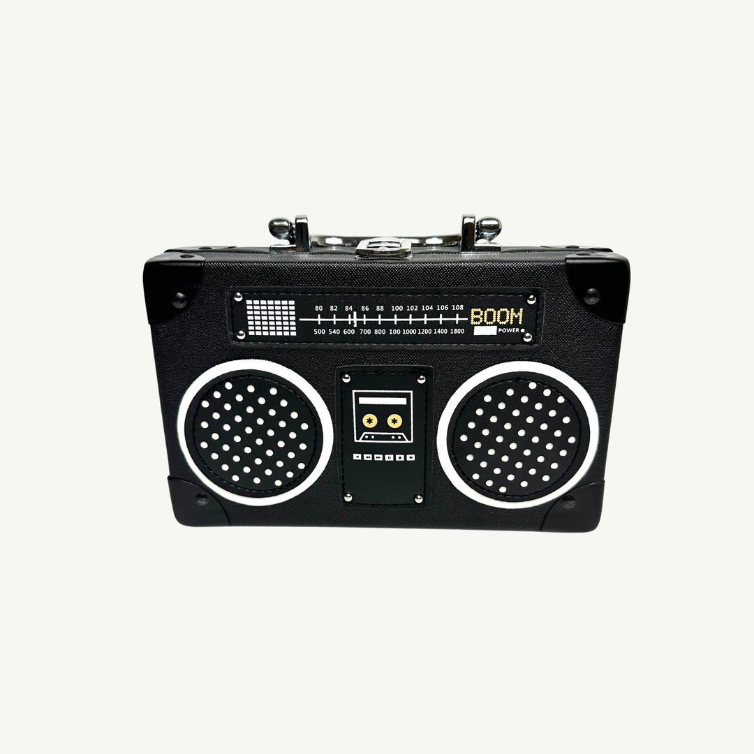 Faux Leather Black Boombox Crossbody Bag | Square Box Purse | Retro ...