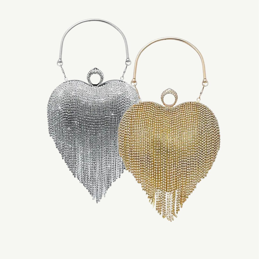 Silver Gold Rhinestone Heart Shaped Evening Bag | Sparkly Silver Purse ...