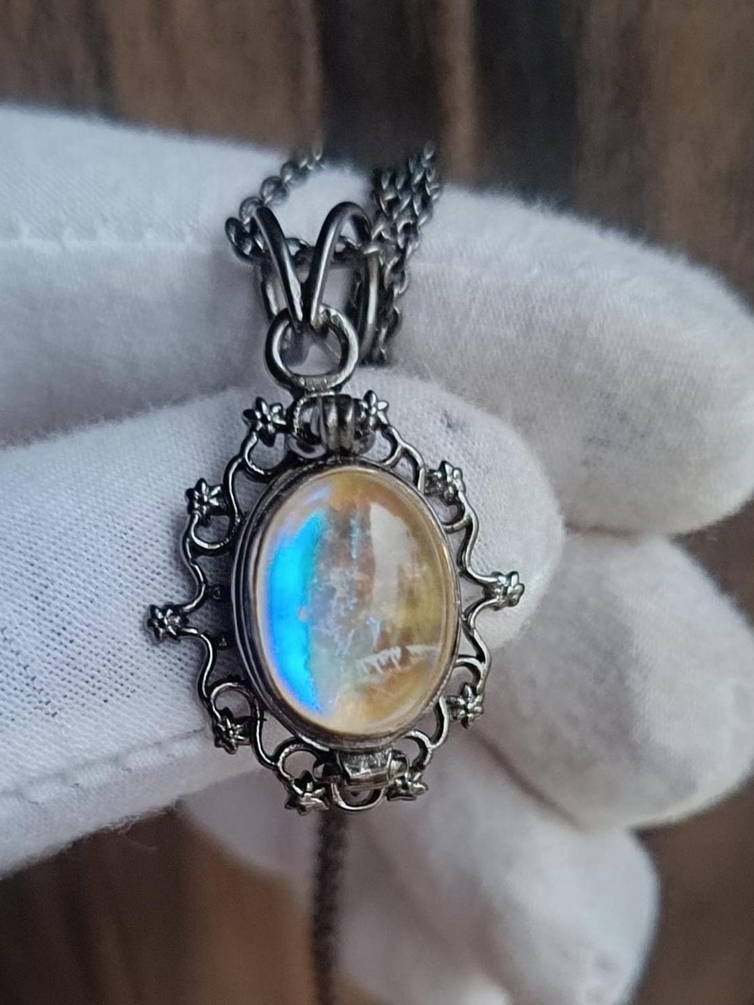 Blue Flash Moonstone Poison Locket – Black Plated Pill Box Pendant - Etsy