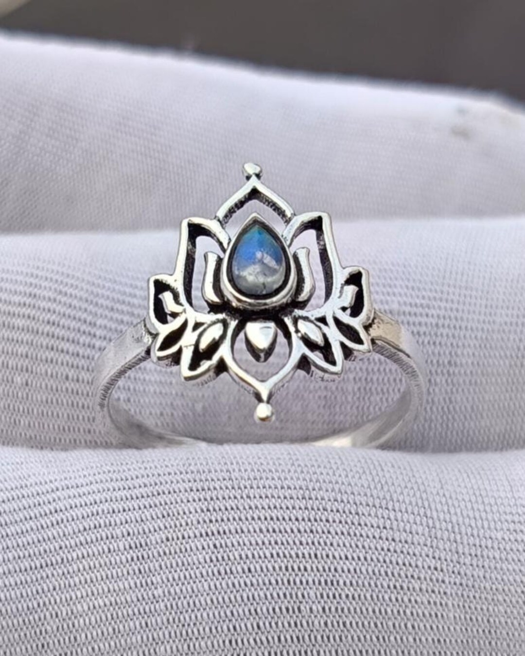 Moonstone Boho Lotus Flower Ring ,silver Natural Gemstone Handmade Ring ...