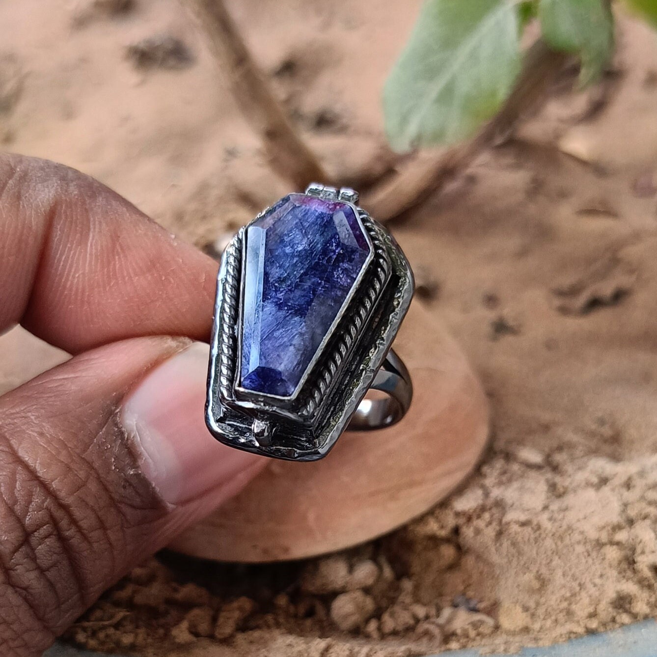 Blue Sapphire Poison Coffin Black Filled Ring, Handmade Poison Ring ...