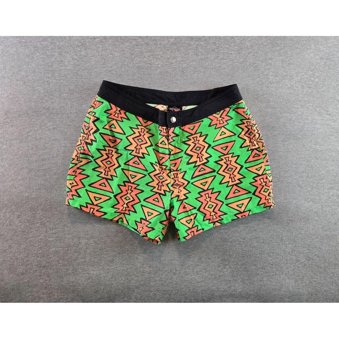 Vintage GOTCHA Shorts Womens M Neon Green AOP Geometric Board Shorts 90 ...