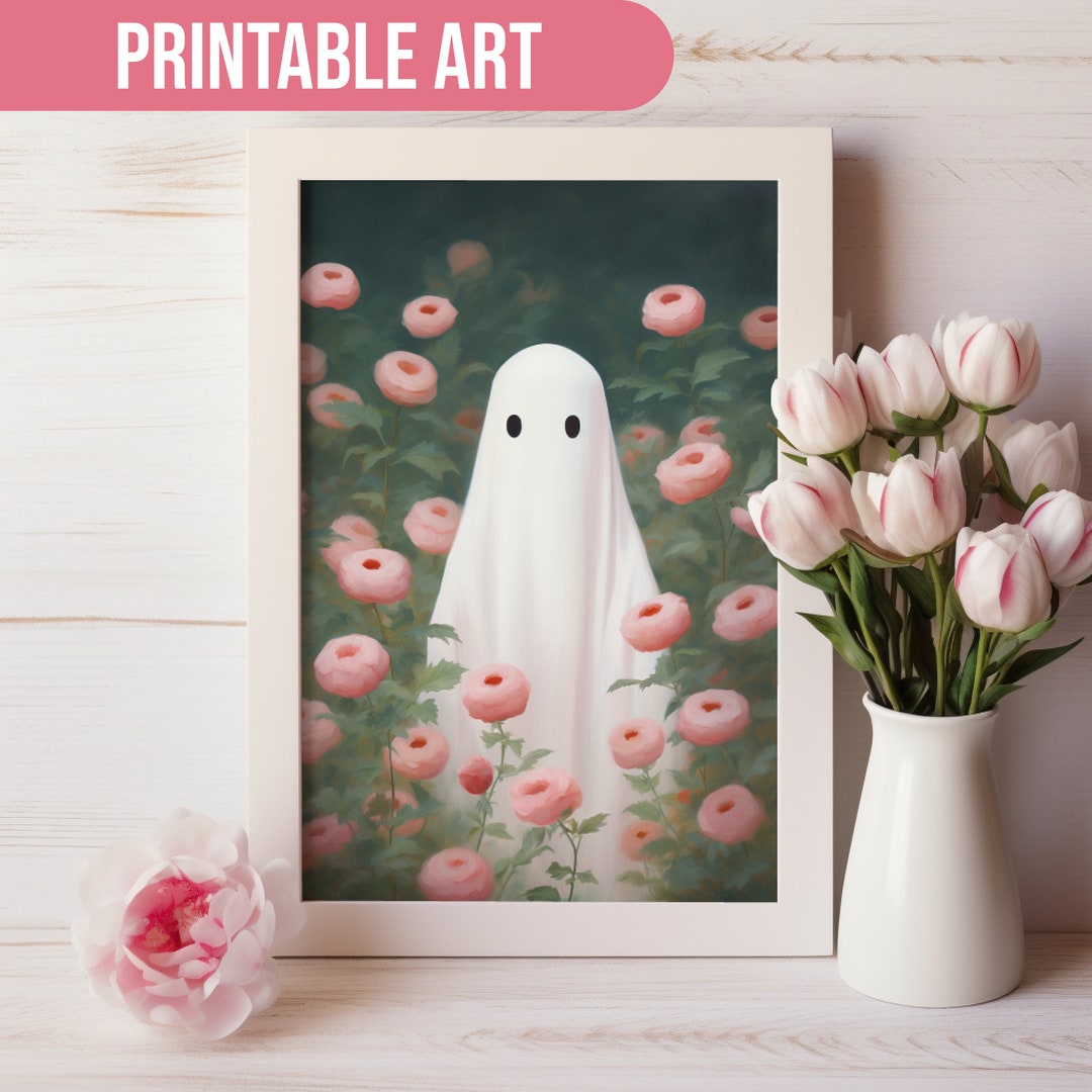 Cute Ghost in Flower Garden, Printable Wall Art - Etsy
