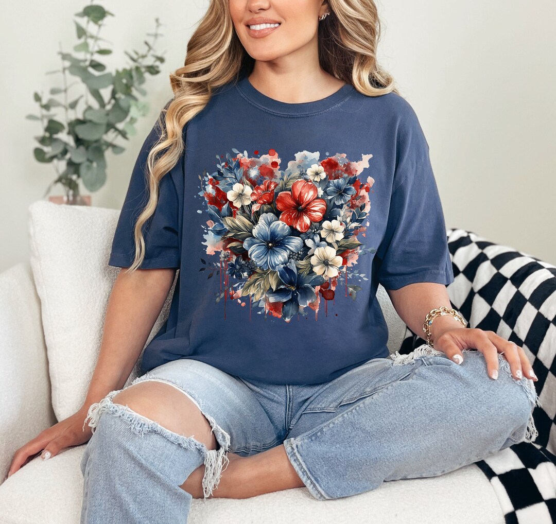 Red White and Blue Flower Shirt, Vintage Inspired Tee Shirt, Western ...