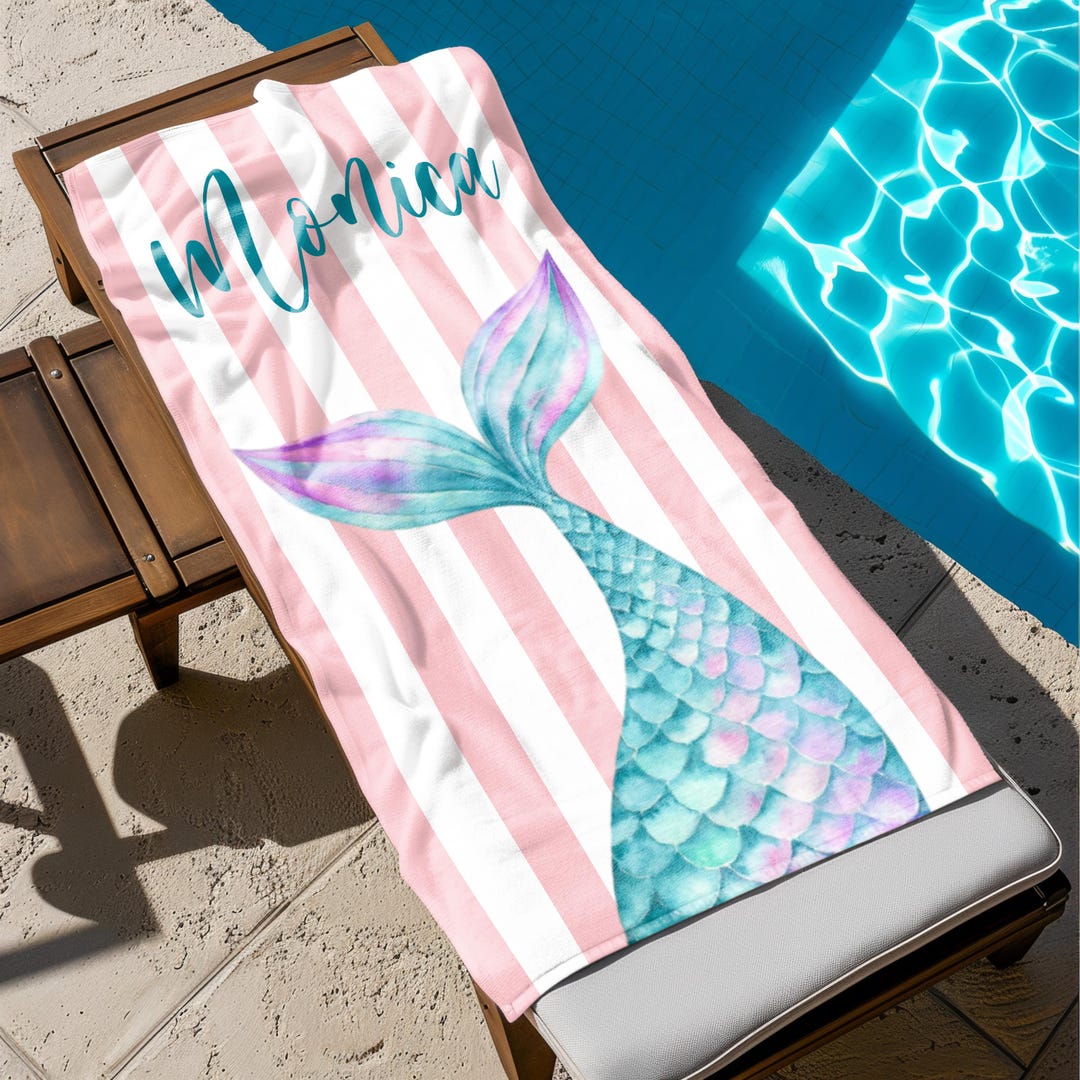 Mermaid Personalized Beach Towel With Name, Custom Pool Party Favor for ...