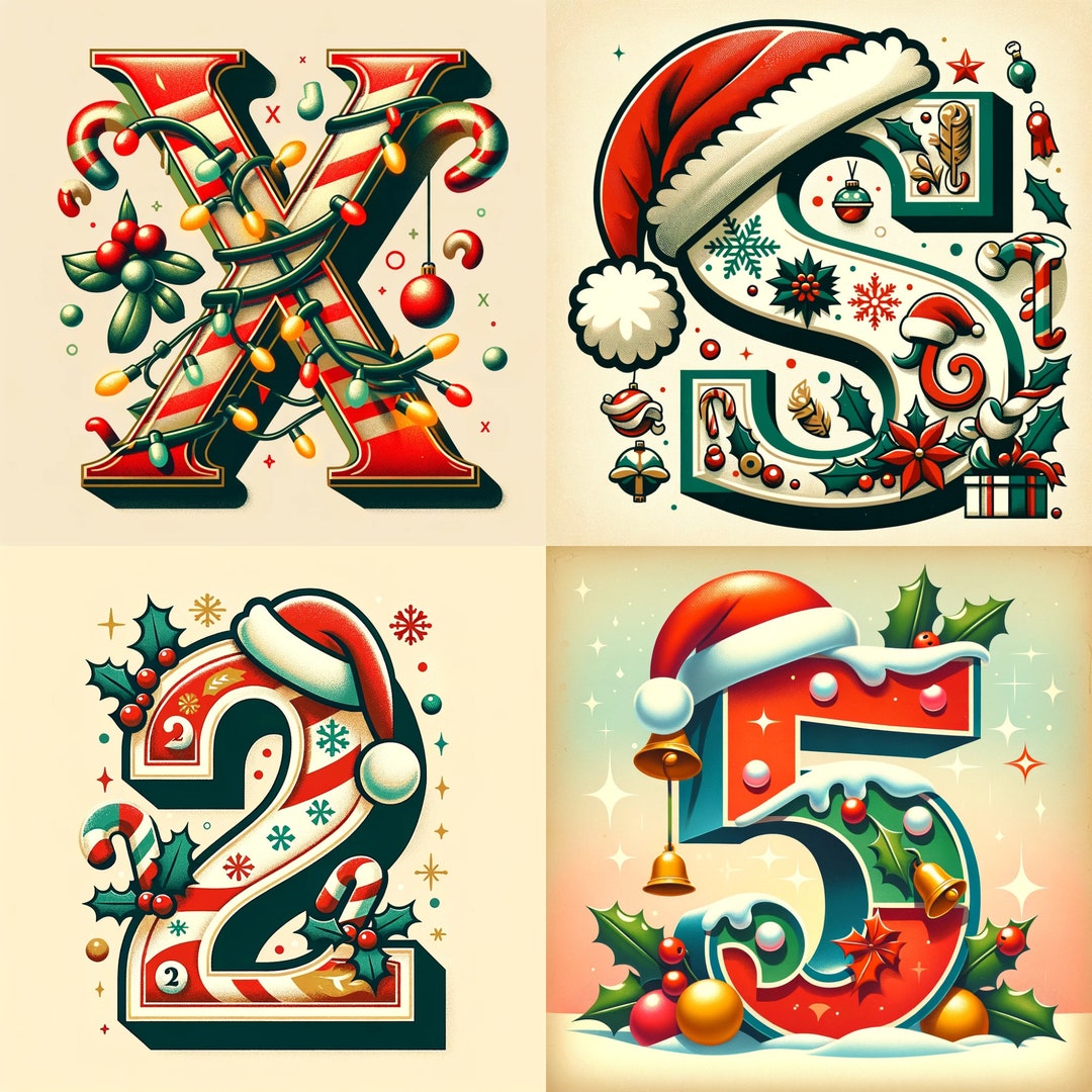 Retro Christmas Doodle Clipart Monogram Font - Uppercase Alphabet ...
