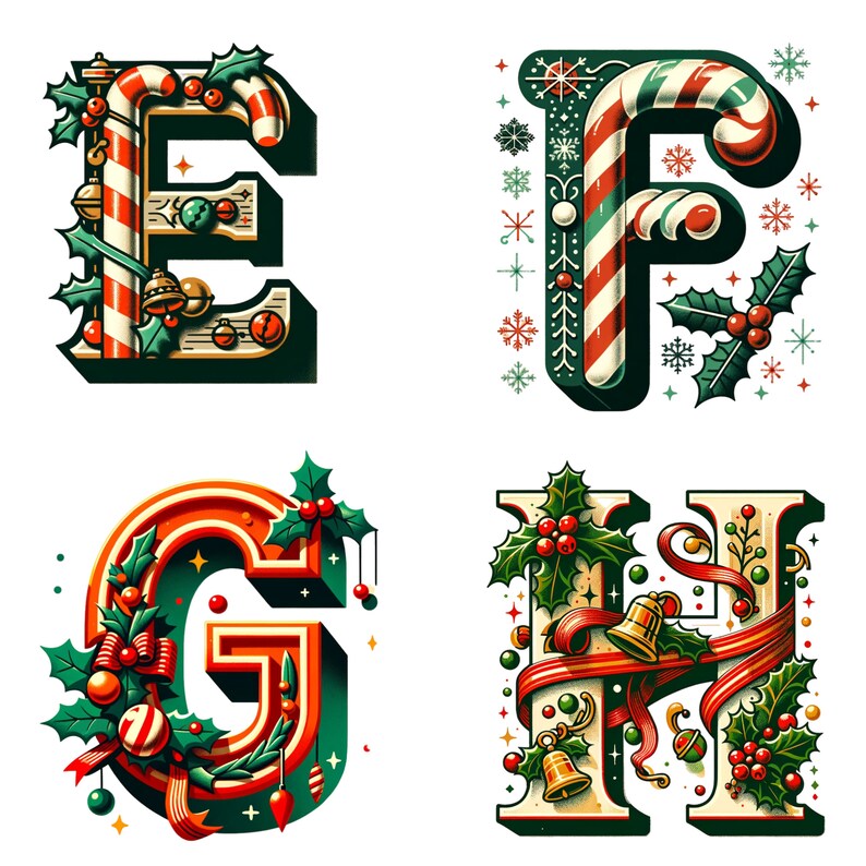 Retro Christmas Doodle Clipart Monogram Font - Uppercase Alphabet ...