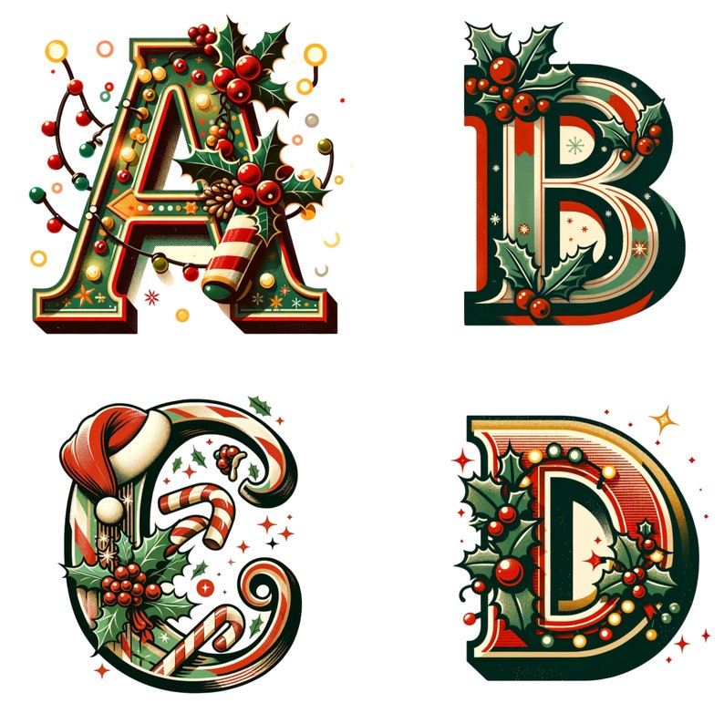 Retro Christmas Doodle Clipart Monogram Font - Uppercase Alphabet ...