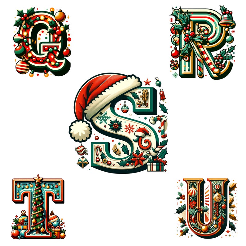 Retro Christmas Doodle Clipart Monogram Font - Uppercase Alphabet ...