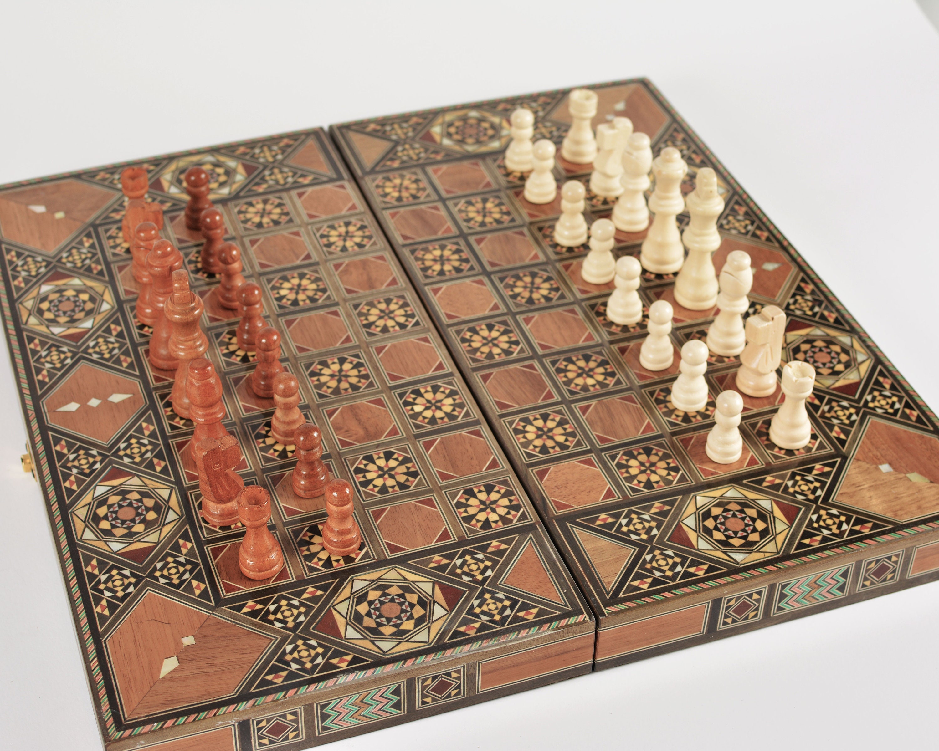 Wooden Chess Set and Backgammon Board Mosaic Work and Mother of Pearl ...