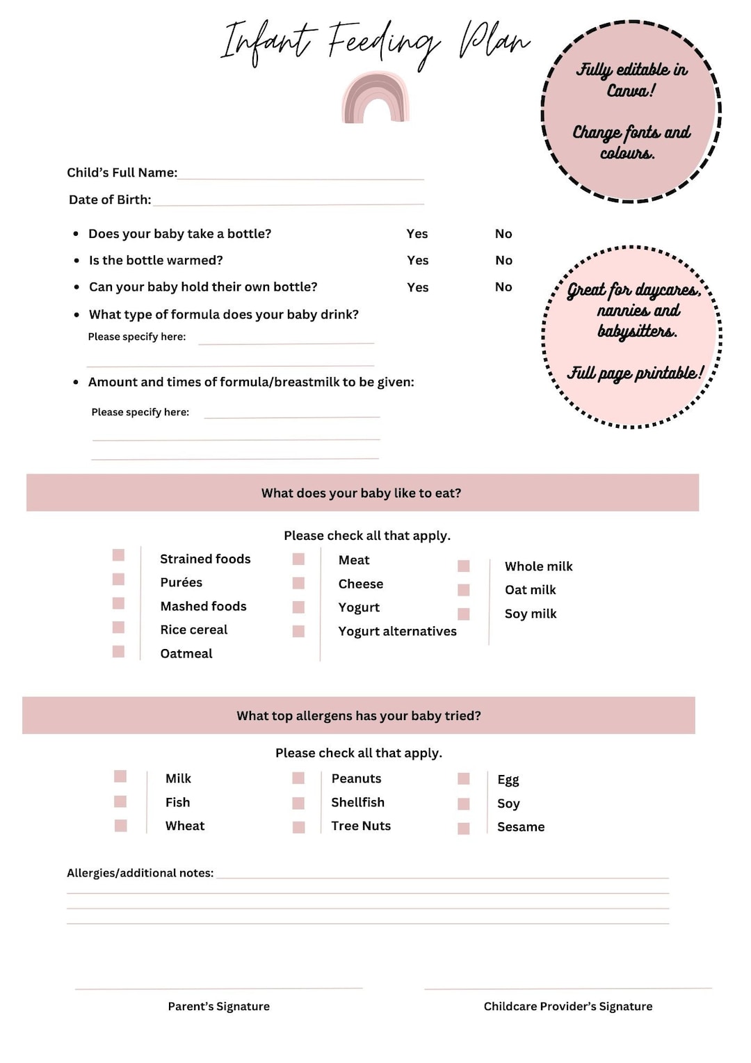 Infant Feeding Plan Template | Done for You | Childcare Daycare Forms ...