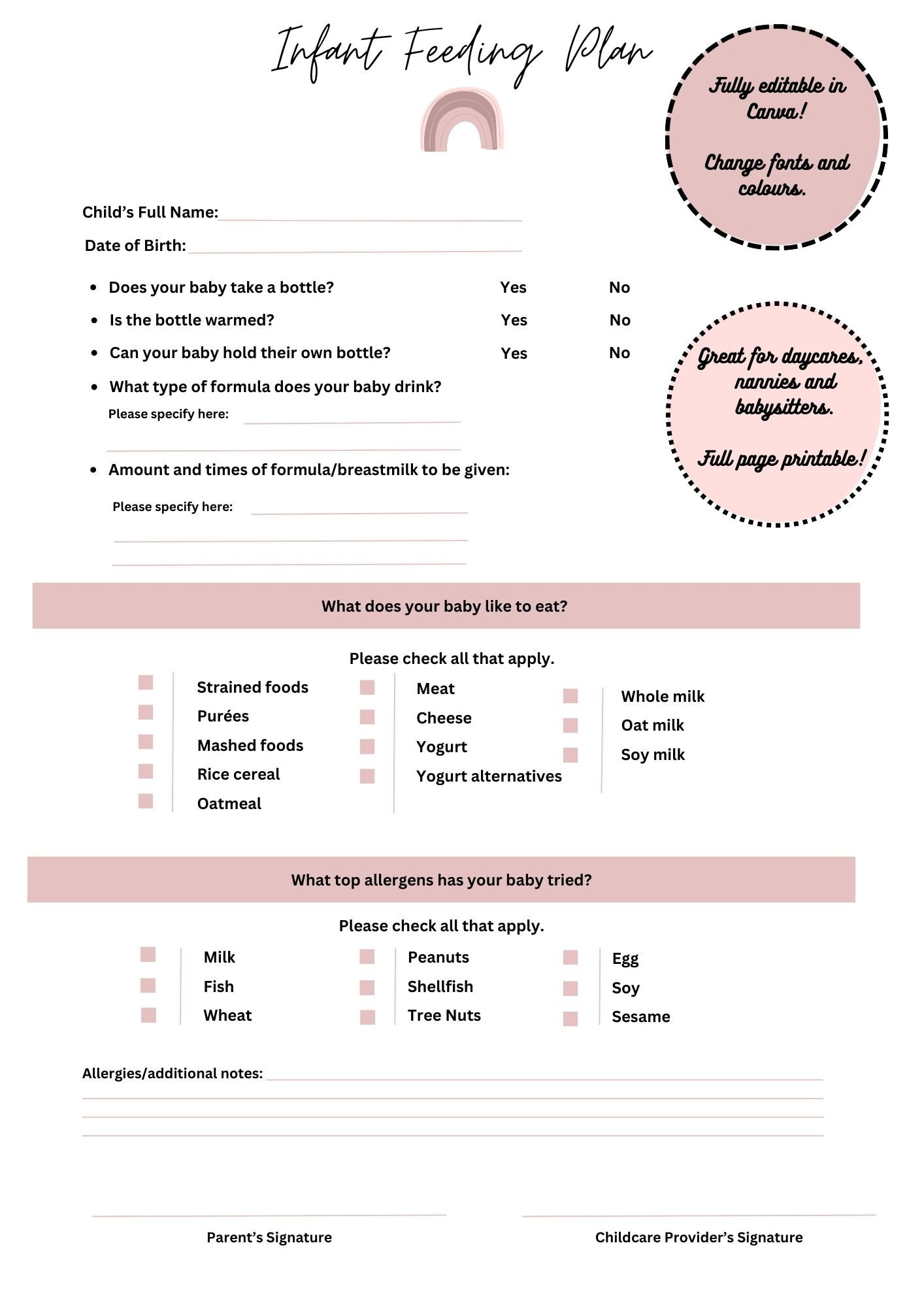 Infant Feeding Plan Template | Done for You | Childcare Daycare Forms ...