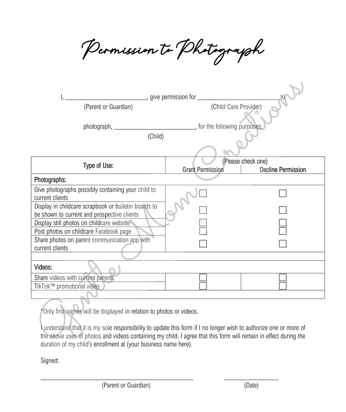 Simple Calligraphy Permission to Photograph Form | Daycare | Childcare ...