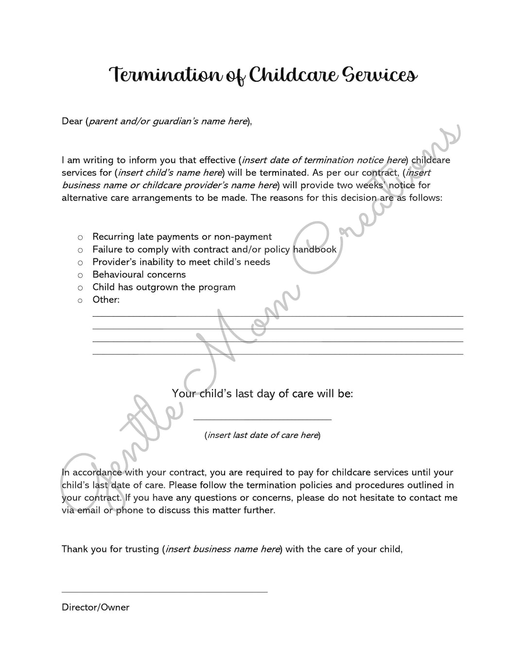 Daycare Termination Letter | Editable Form | Childcare Forms | Two ...