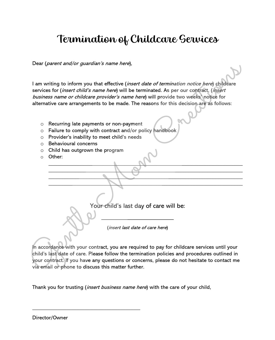 Daycare Termination Letter | Editable Form | Childcare Forms | Two ...
