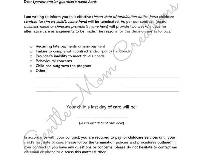 Childcare Termination Letter Template, Editable Daycare Notice of ...