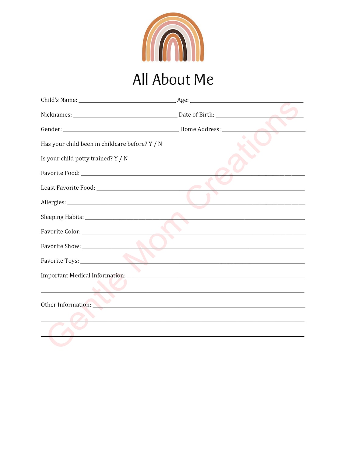 Boho Rainbow | Childcare | Daycare Enrollment Form Bundle | Printable ...