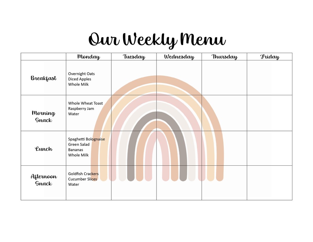 Boho Rainbow | Editable | Childcare Weekly Menu | Printable | Childcare ...