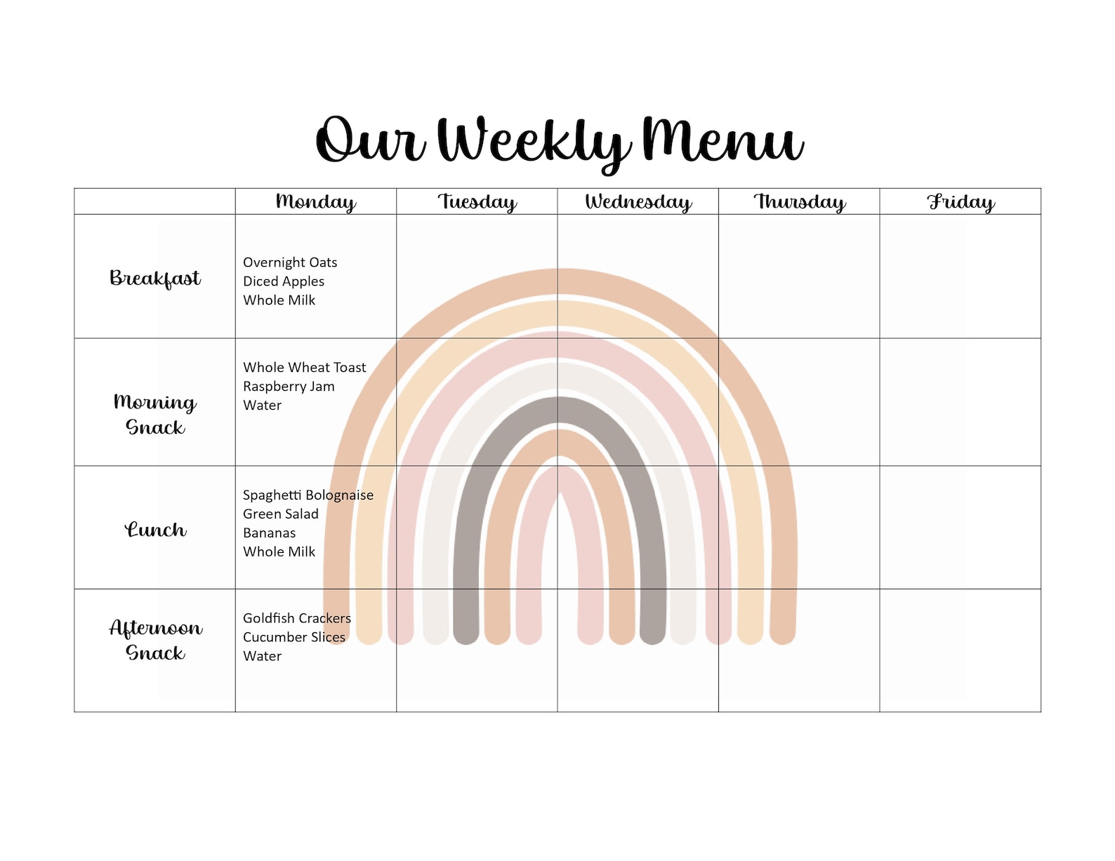 Boho Rainbow | Editable | Childcare Weekly Menu | Printable | Childcare ...