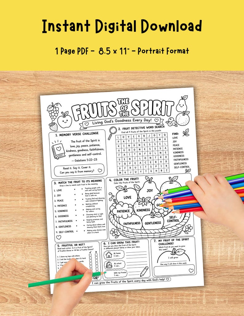 Fruits of the Spirit Activity Sheet, Galatians 5: 22-23 Sunday School ...