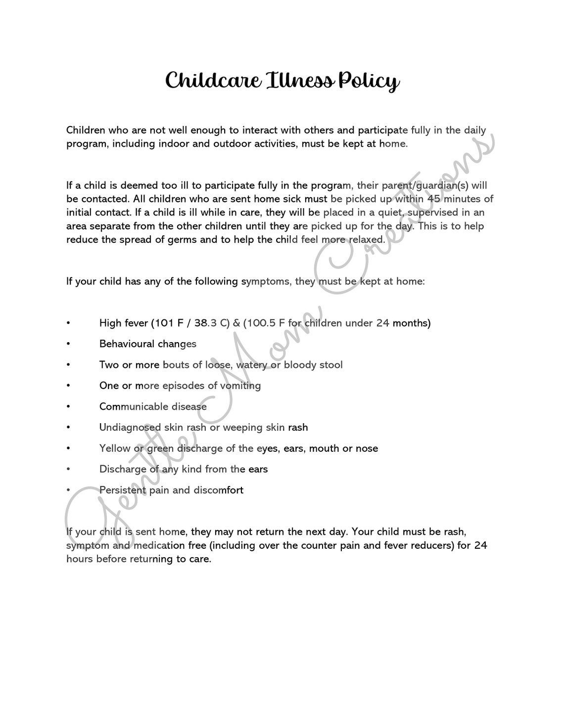 Daycare Sickness Policy | Illness Policy | Daycare Poster | Home ...