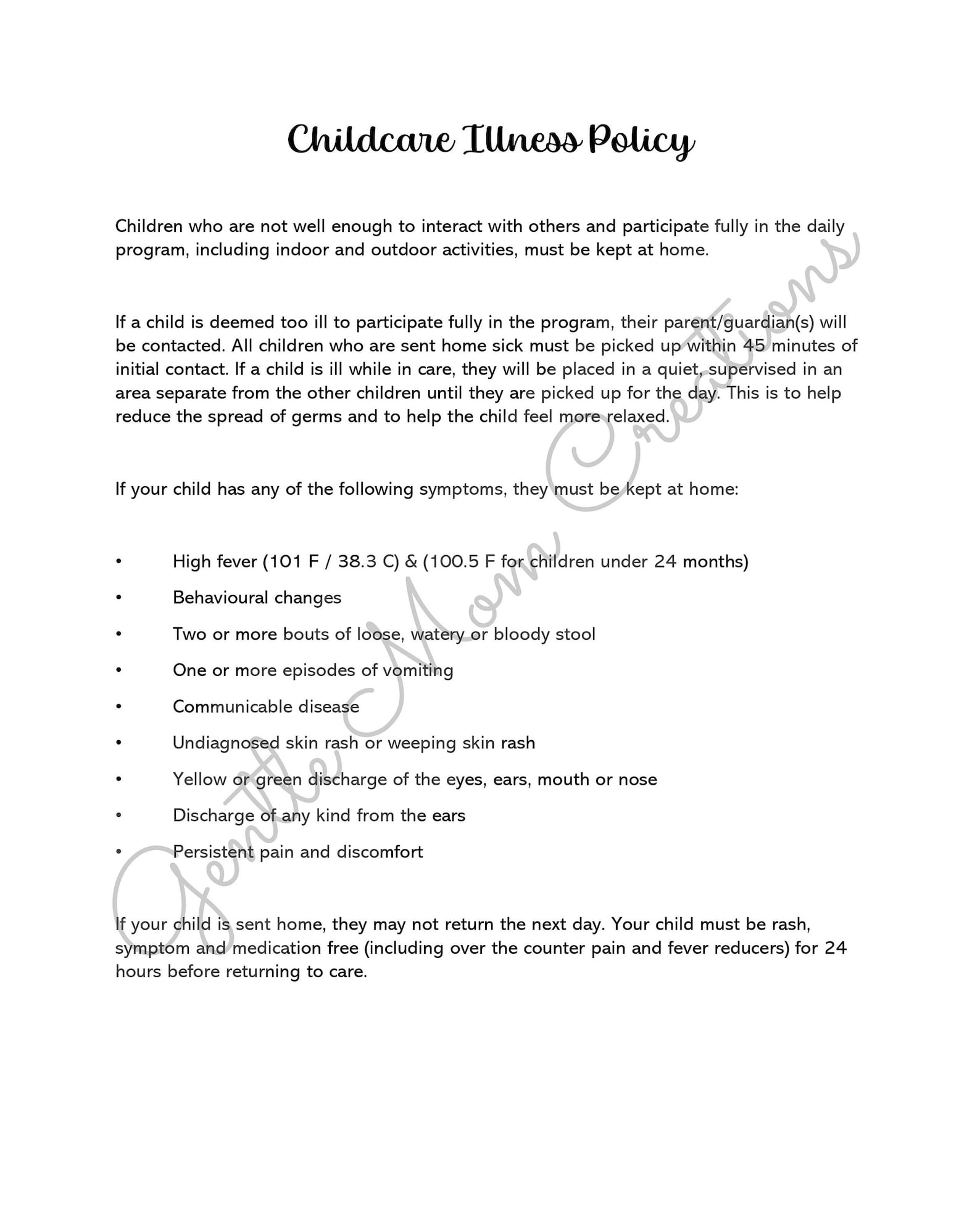 Daycare Sickness Policy | Illness Policy | Daycare Poster | Home ...