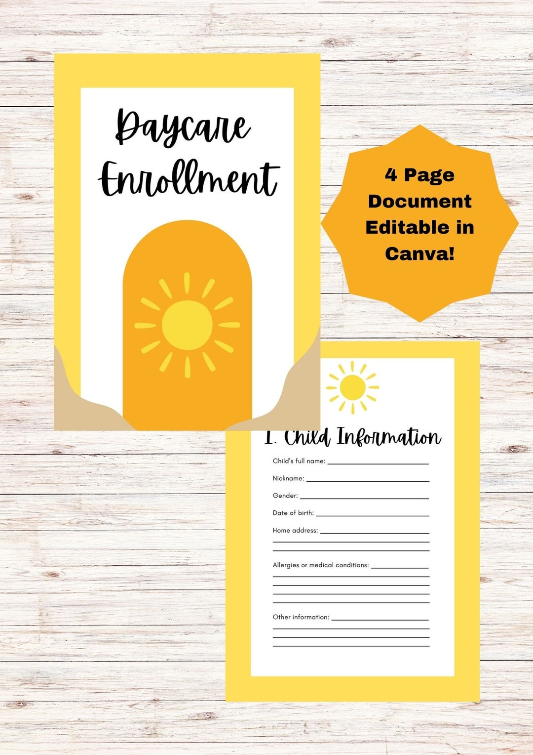 Sunny Daycare Enrollment Form | Editable | Child Registration | Parent ...