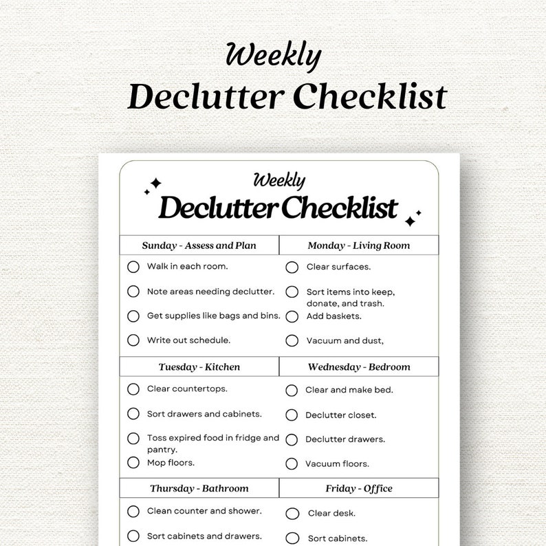 Weekly Declutter Checklist | Declutter Checklist | Organize Checklist ...