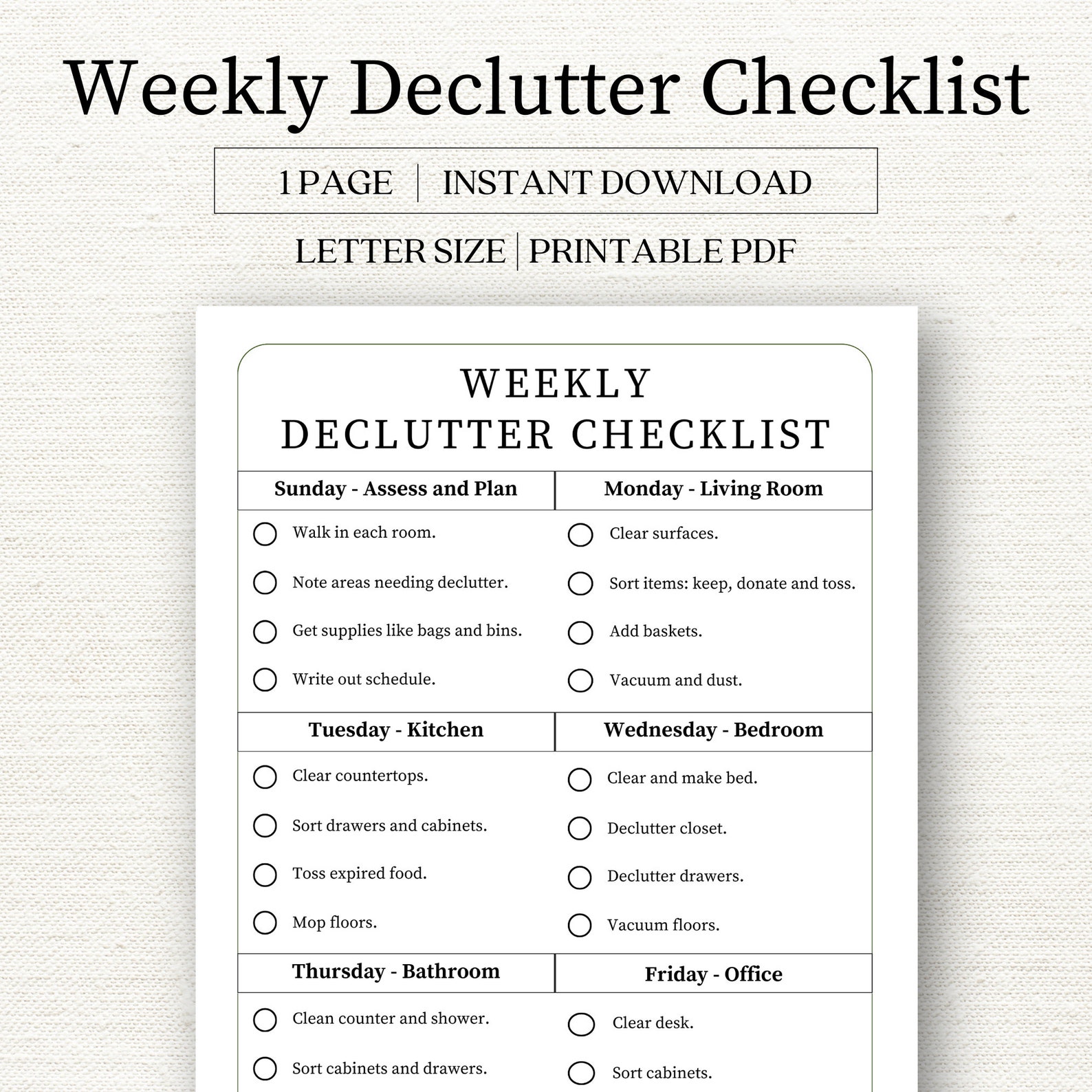 Weekly Declutter Checklist | Minimalist Declutter Checklist | Organize Checklist | Declutter ...