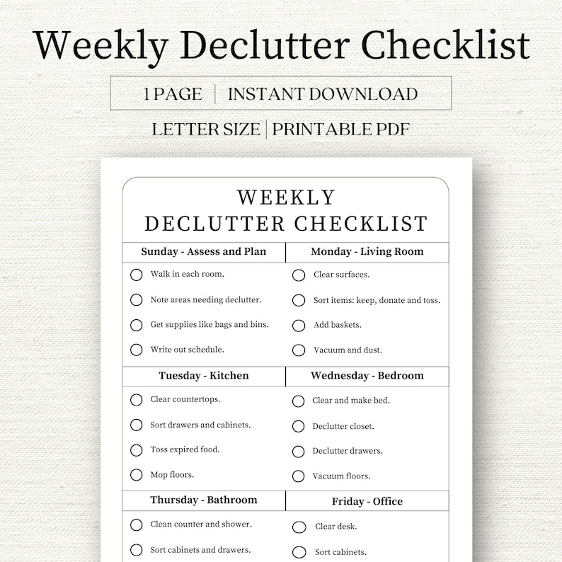 Weekly Declutter Checklist | Minimalist Declutter Checklist | Organize ...