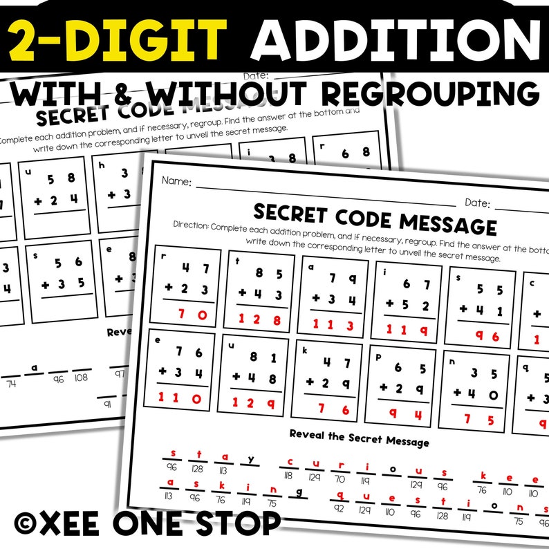 2-digit Addition With and Without Regrouping Motivational Secret Code ...