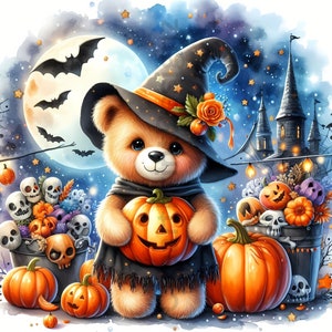 Cute Halloween Teddy Bears Clipart Bundle, Watercolor Bear Clip Art ...