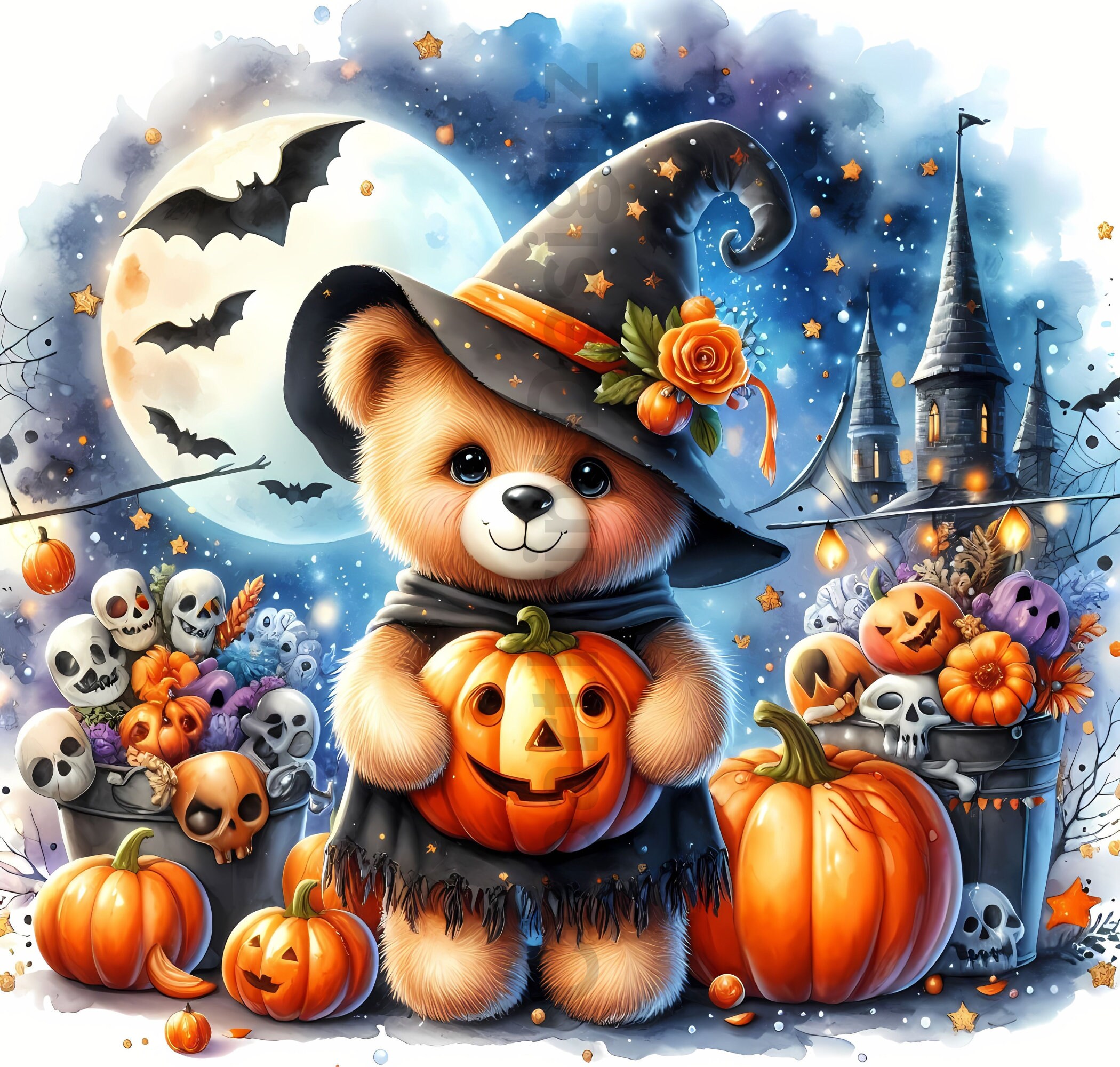 Cute Halloween Teddy Bears Clipart Bundle, Watercolor Bear Clip Art ...