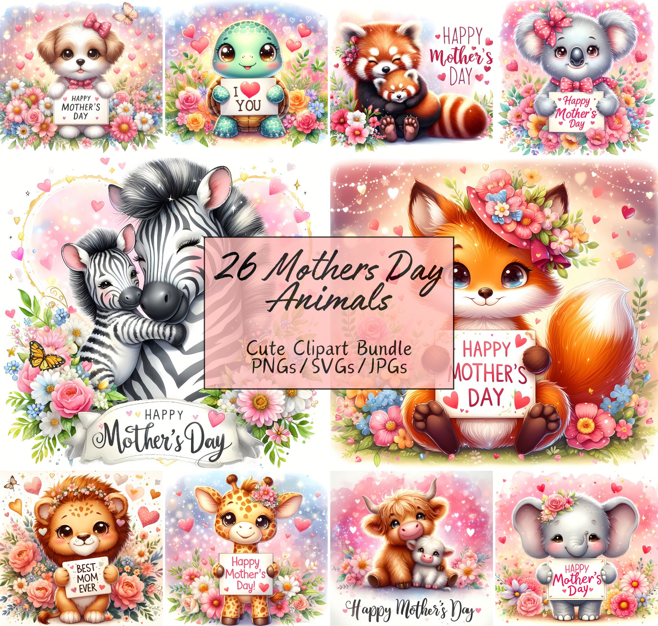 Cute Happy Mothers Day Animals Clipart Bundle, Festive Watercolor Clip ...
