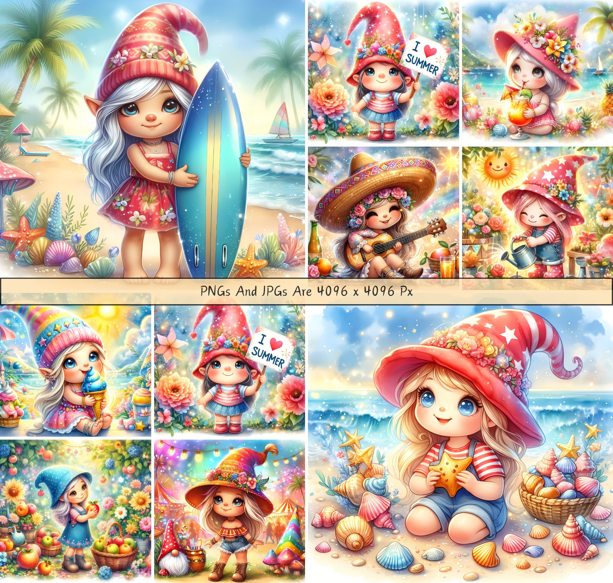 Cute Summer Gnome Girls Clipart Bundle, Watercolor Gomes Clip Art ...