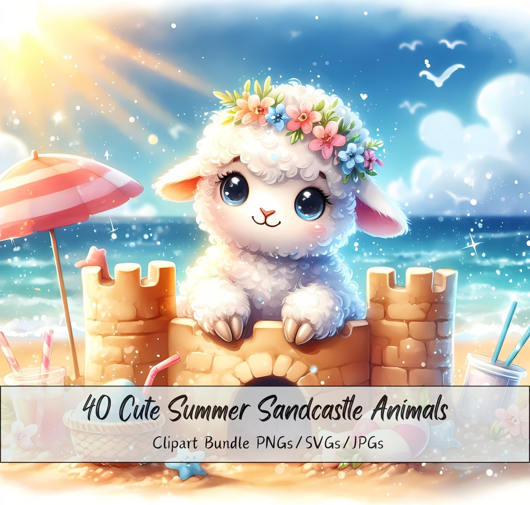 Cute Summer Sandcastle Animals Clipart Bundle, Watercolor Ocean Clip ...