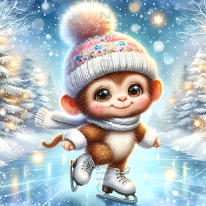 Cute Winter Monkey Clipart Bundle, Festive Watercolor Clip Art Images ...