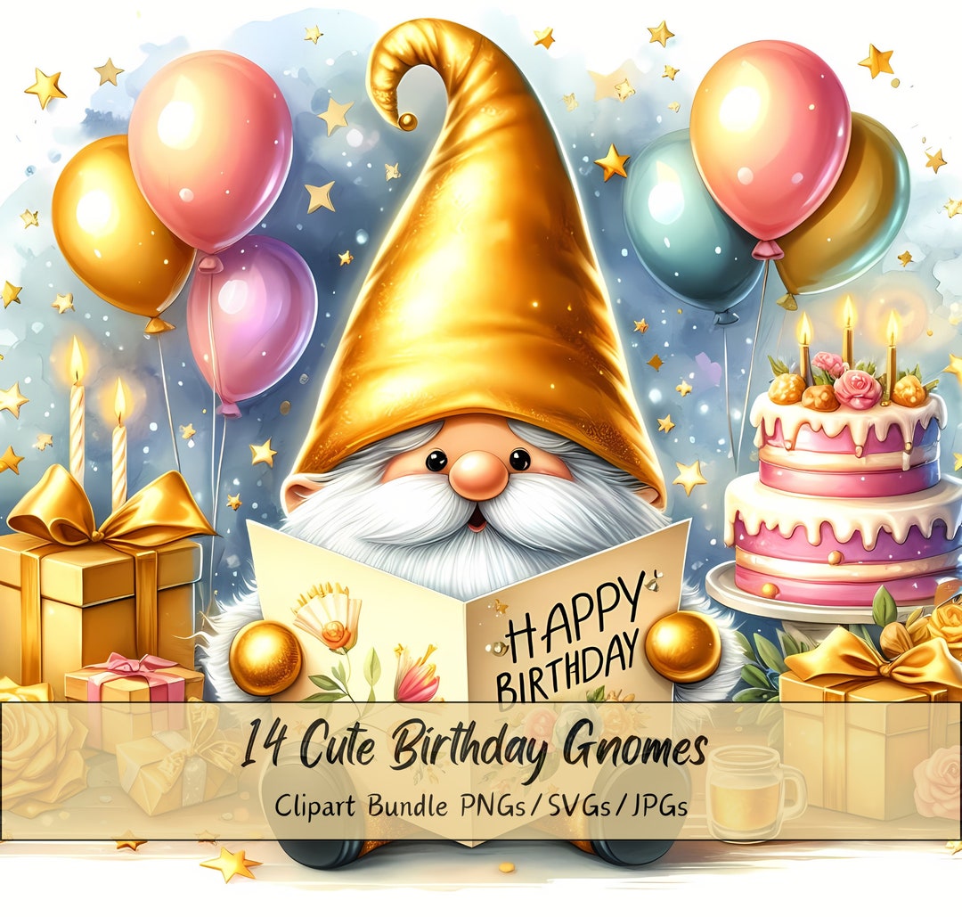 Cute Birthday Gnomes Clipart Bundle, Festive Watercolor Clip Art Images ...