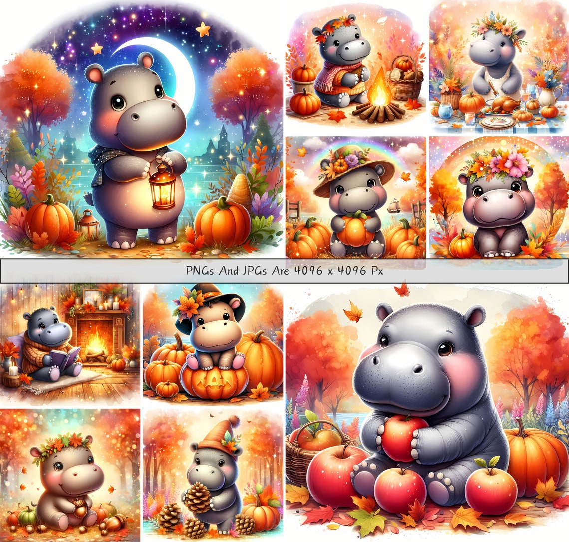 Cute Fall Hippopotamuses Clipart Bundle, Watercolor Hippos Clip Art ...
