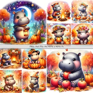 Cute Fall Hippopotamuses Clipart Bundle, Watercolor Hippos Clip Art ...