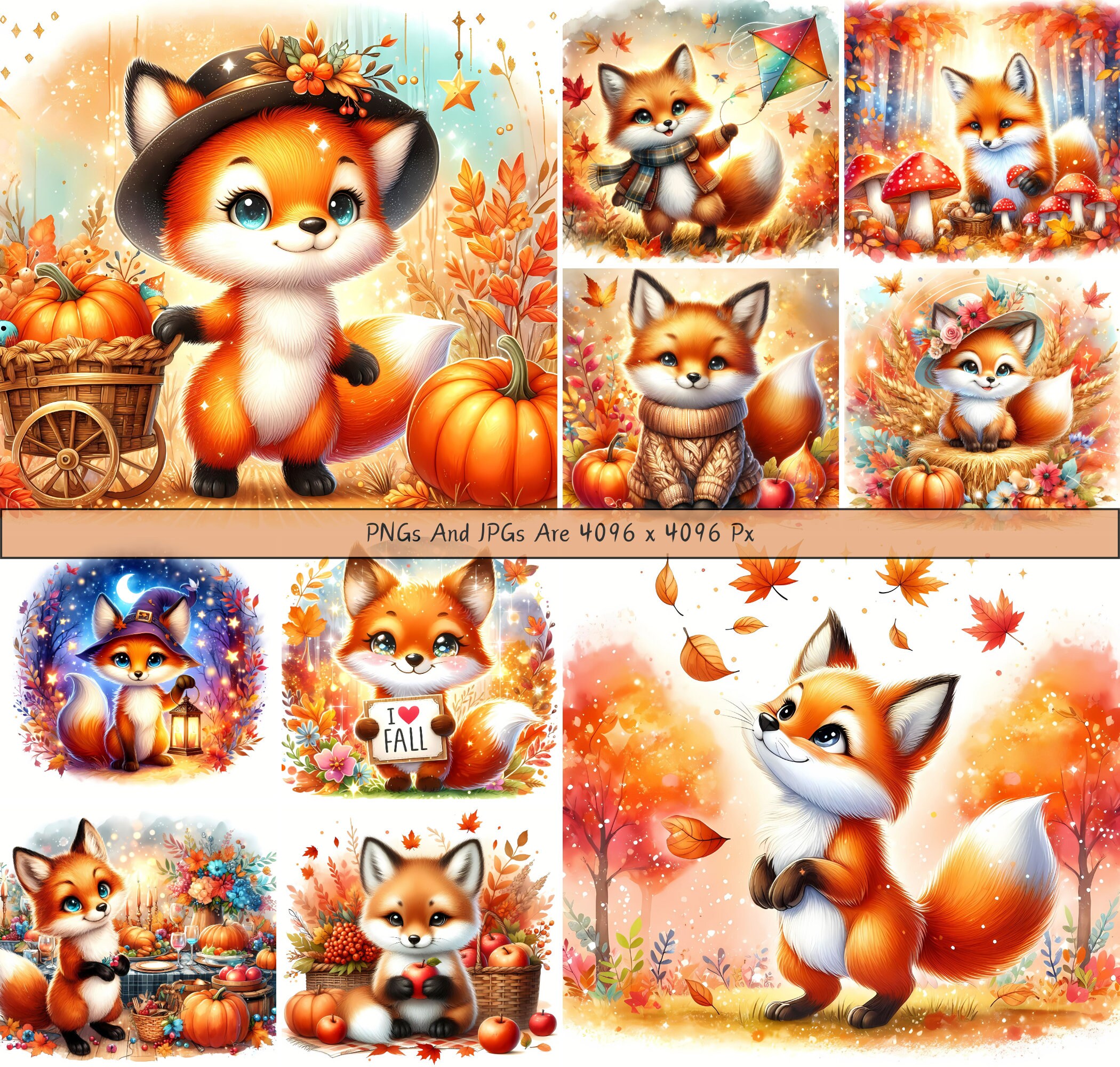 Cute Fall Foxes Clipart Bundle, Watercolor Autumn Fox Clip Art Images ...