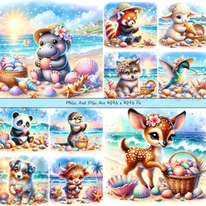 Cute Summer Seashell Animals Clipart Bundle, Watercolor Ocean Clip Art ...