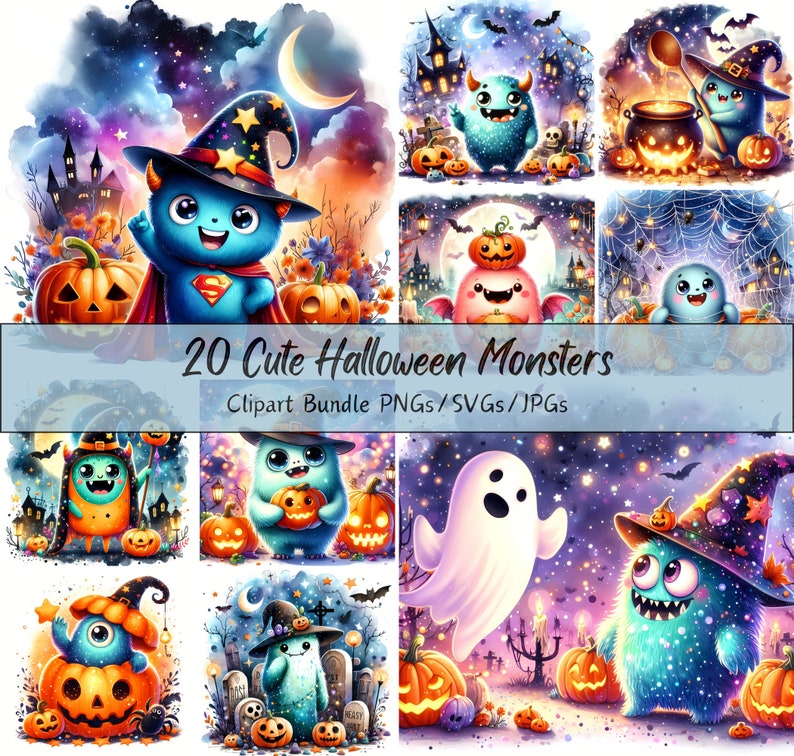 Cute Halloween Monsters Clipart Bundle, Watercolor Monsters Clip Art ...