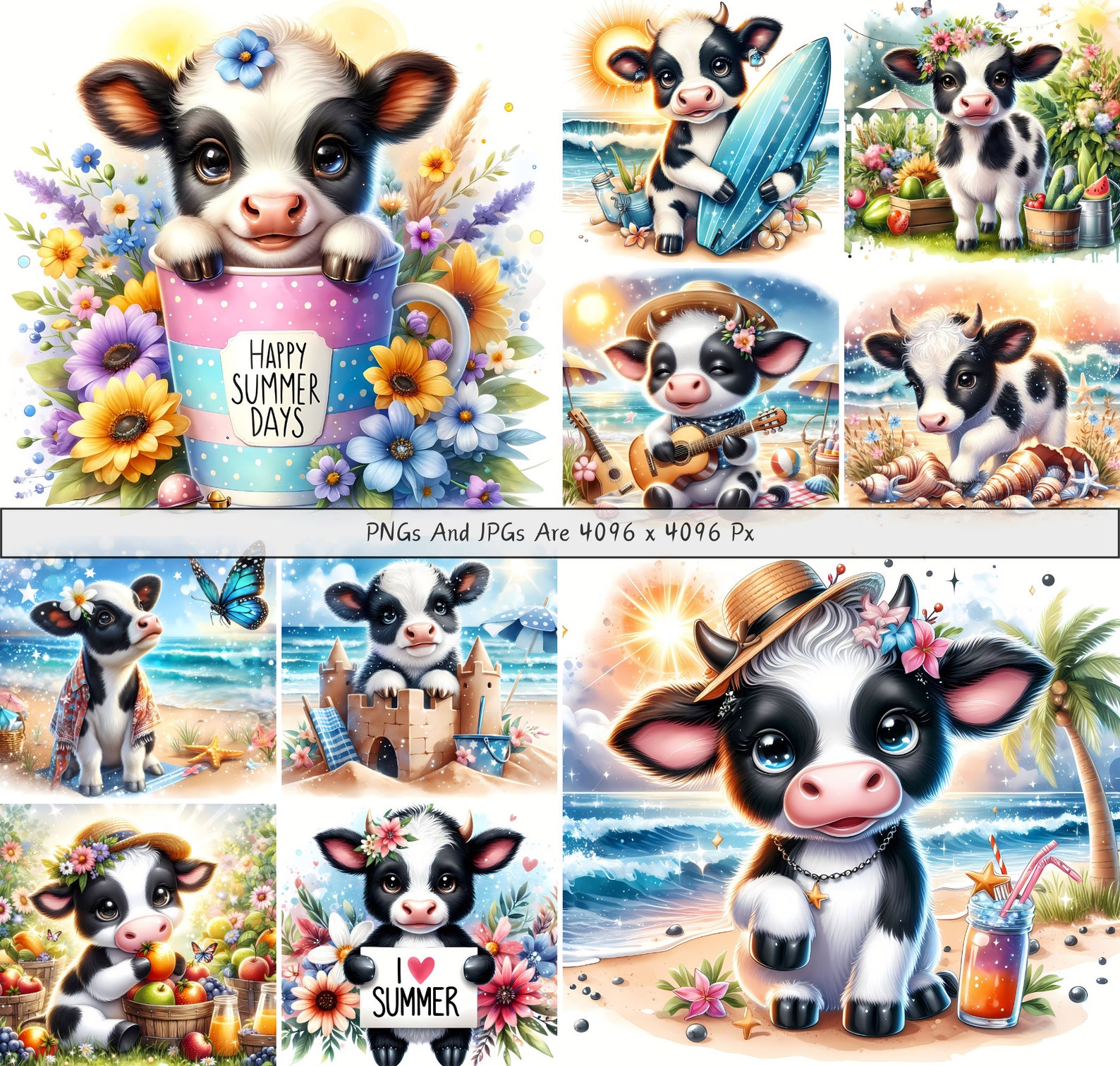 Cute Summer Cows Clipart Bundle, Watercolor Cow Clip Art Images, High ...