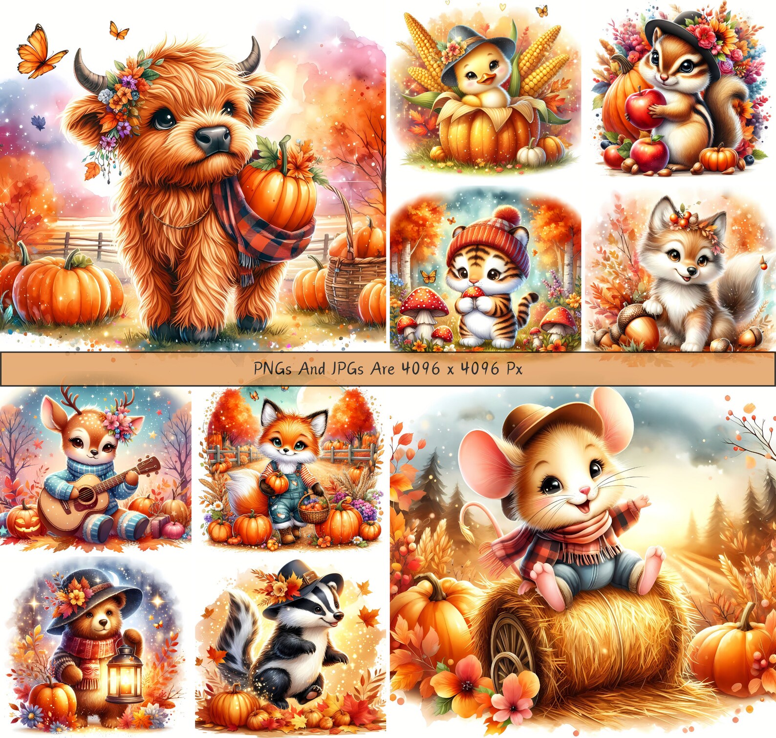 Cute Fall Animals Clipart Bundle, Watercolor Animal Clip Art Images ...