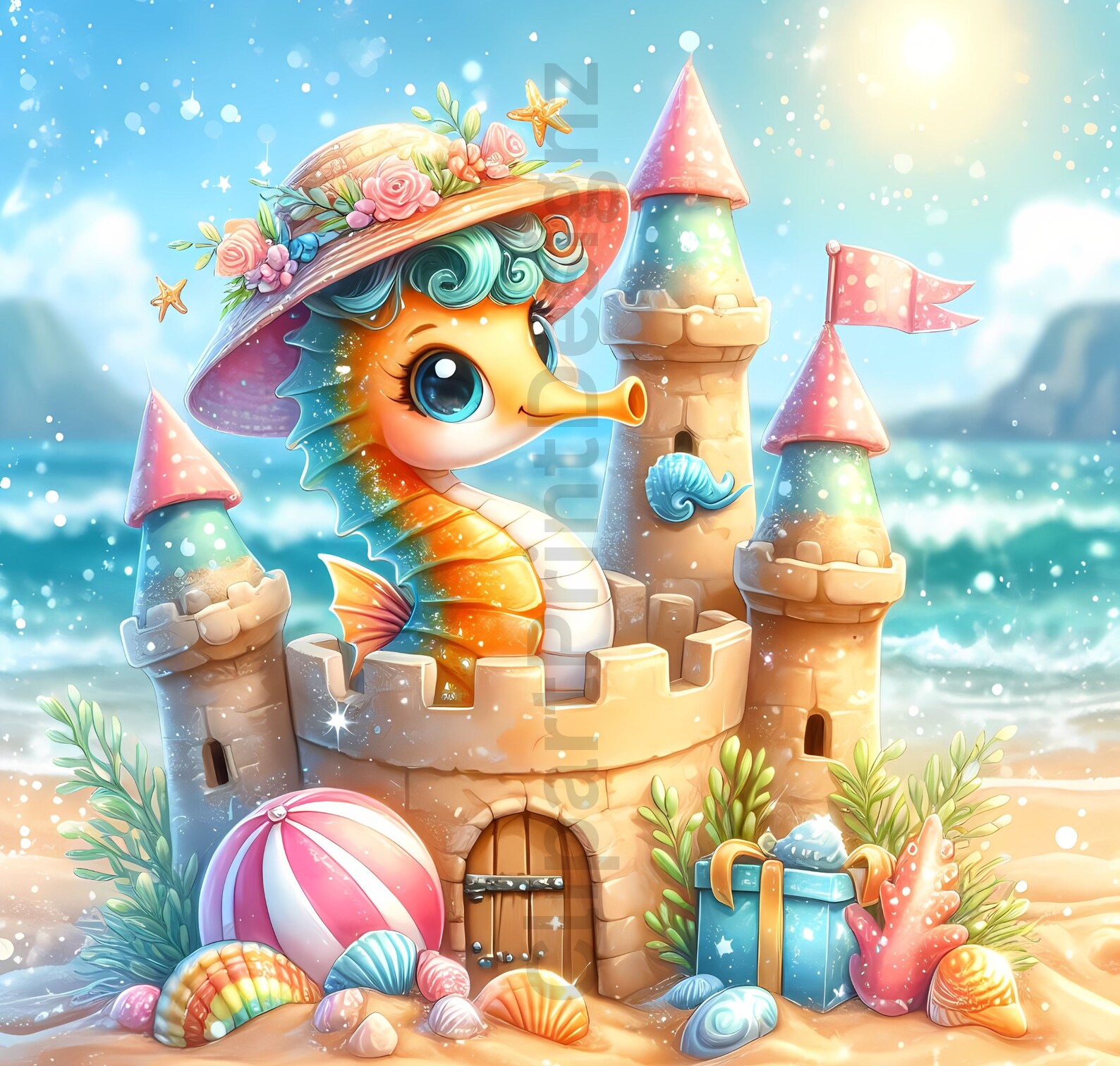 Cute Summer Sandcastle Animals Clipart Bundle, Watercolor Ocean Clip ...