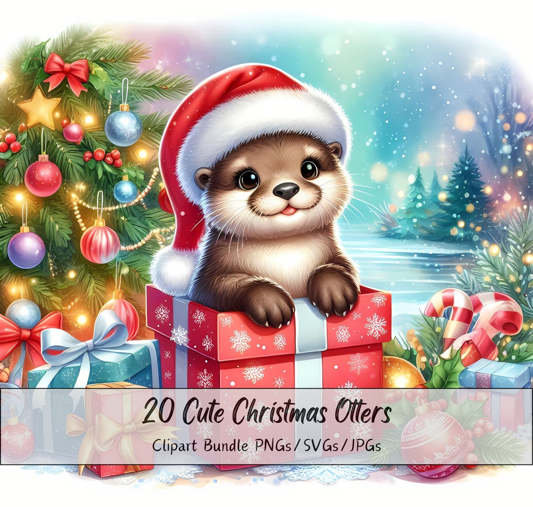 Cute Christmas Otters Clipart Bundle, Xmas Otter Clip Art Images ...