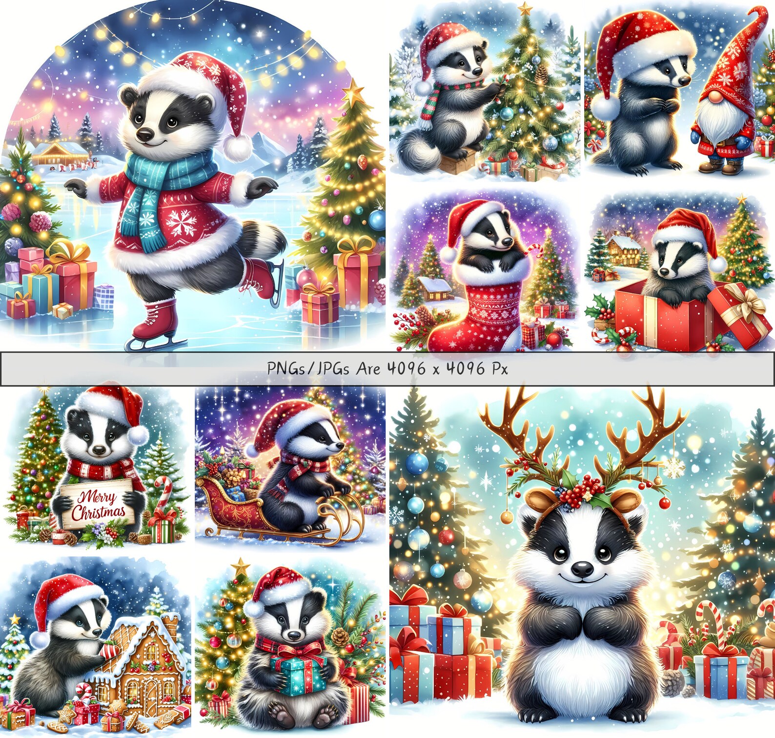 Cute Christmas Badgers Clipart Bundle, Xmas Badger Clip Art Images ...
