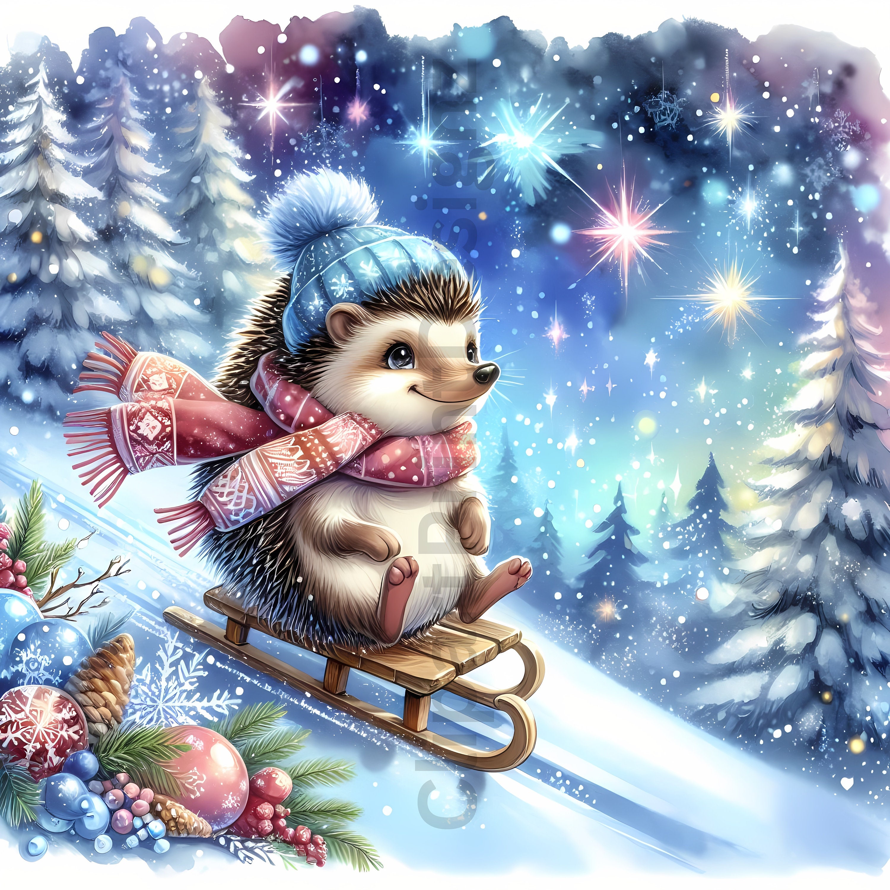 Cute Winter Animals Sledding Clipart Bundle, Festive Watercolor Clip ...