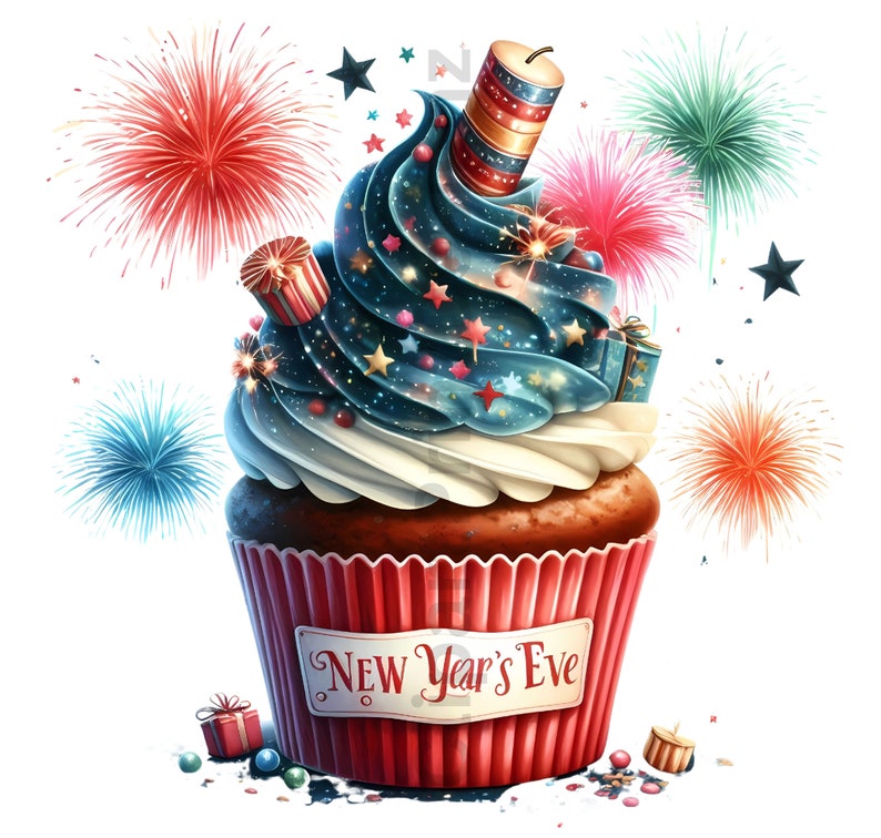 New Year Cupcakes Clipart Bundle, Year's Eve Watercolor Clip Art Images ...